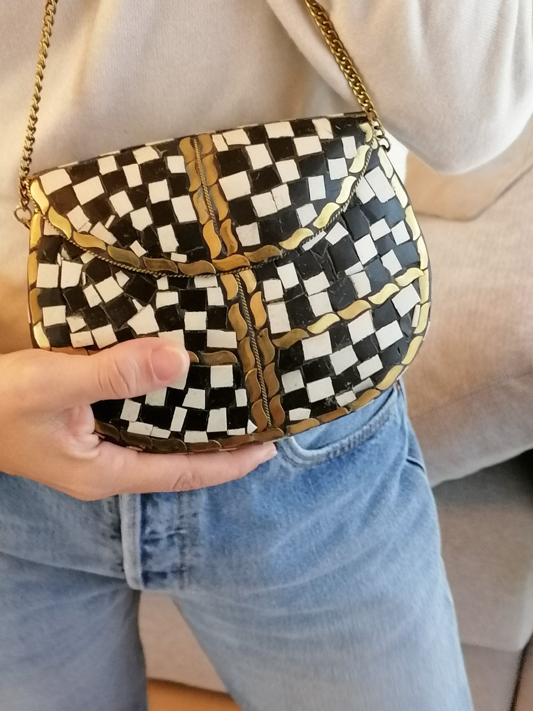 Vintage Bone Evening Clutch Bag With Chain /70's Original Atypical ...