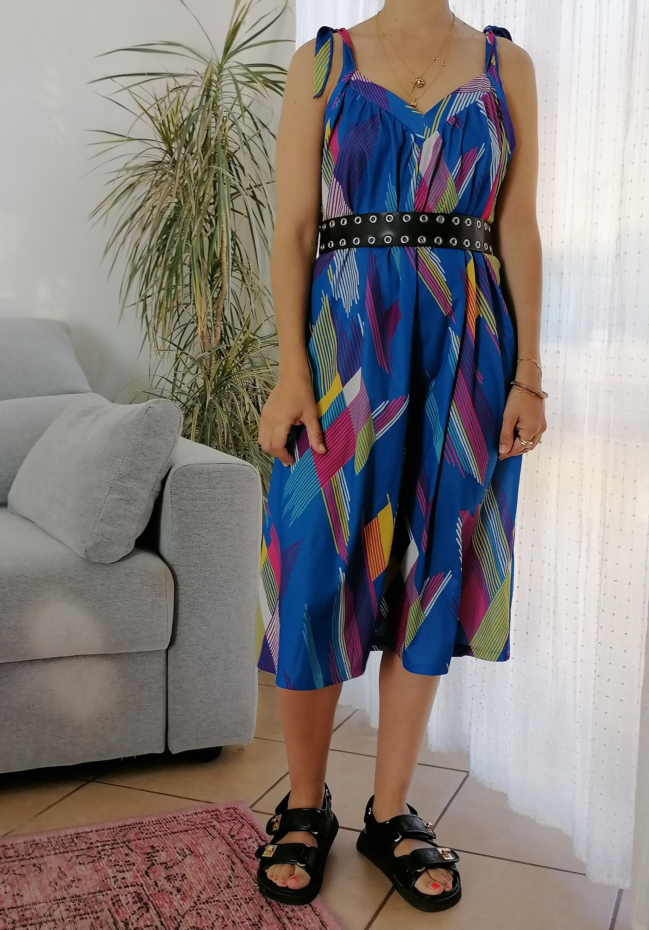 Vintage Cobalt Blue House Dress / 80's Primary Colors Adjustable Straps ...