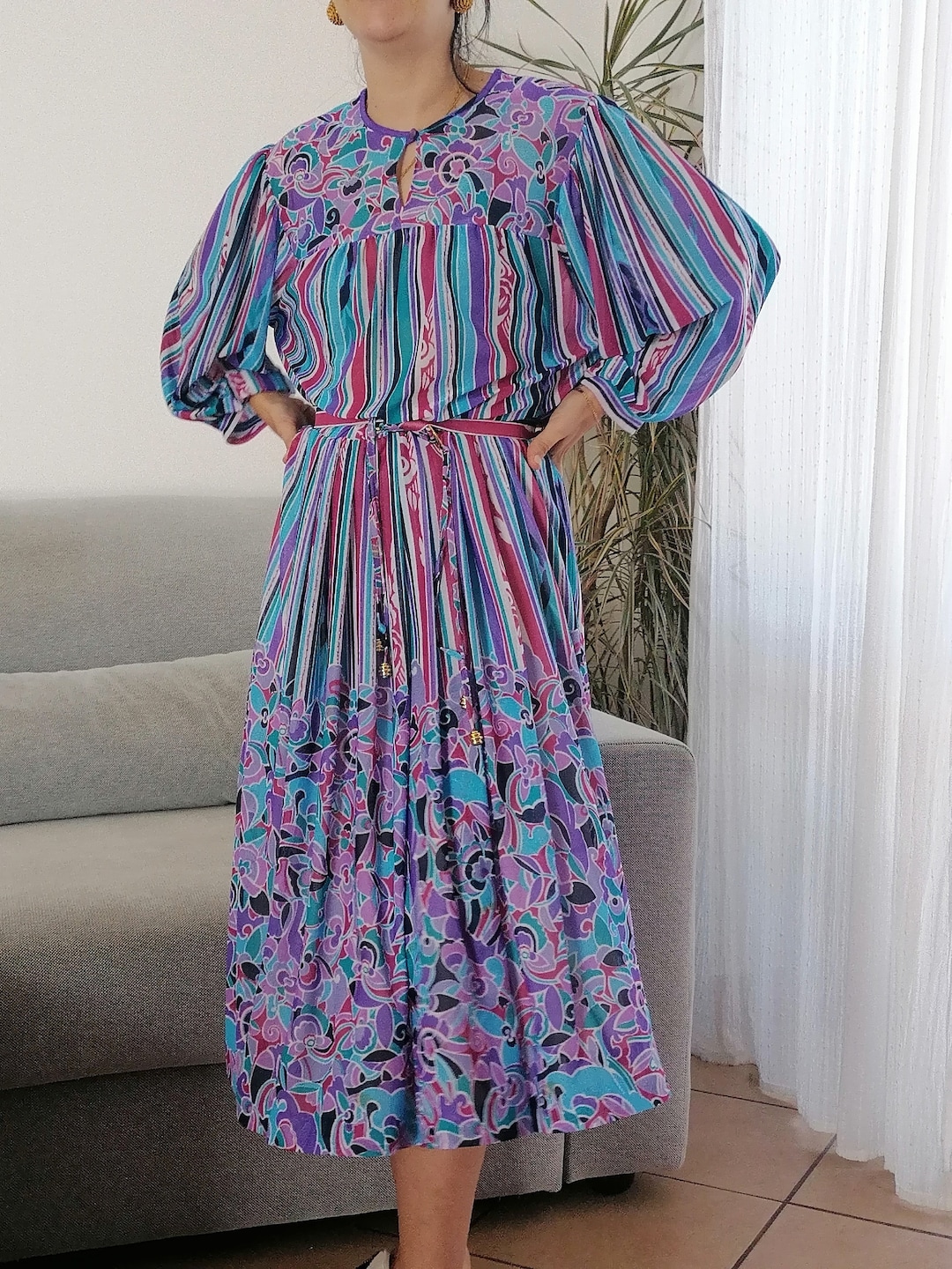 Vintage 80s Colorful Midi Dress, Balloon Sleeves, Matching Belt - Etsy