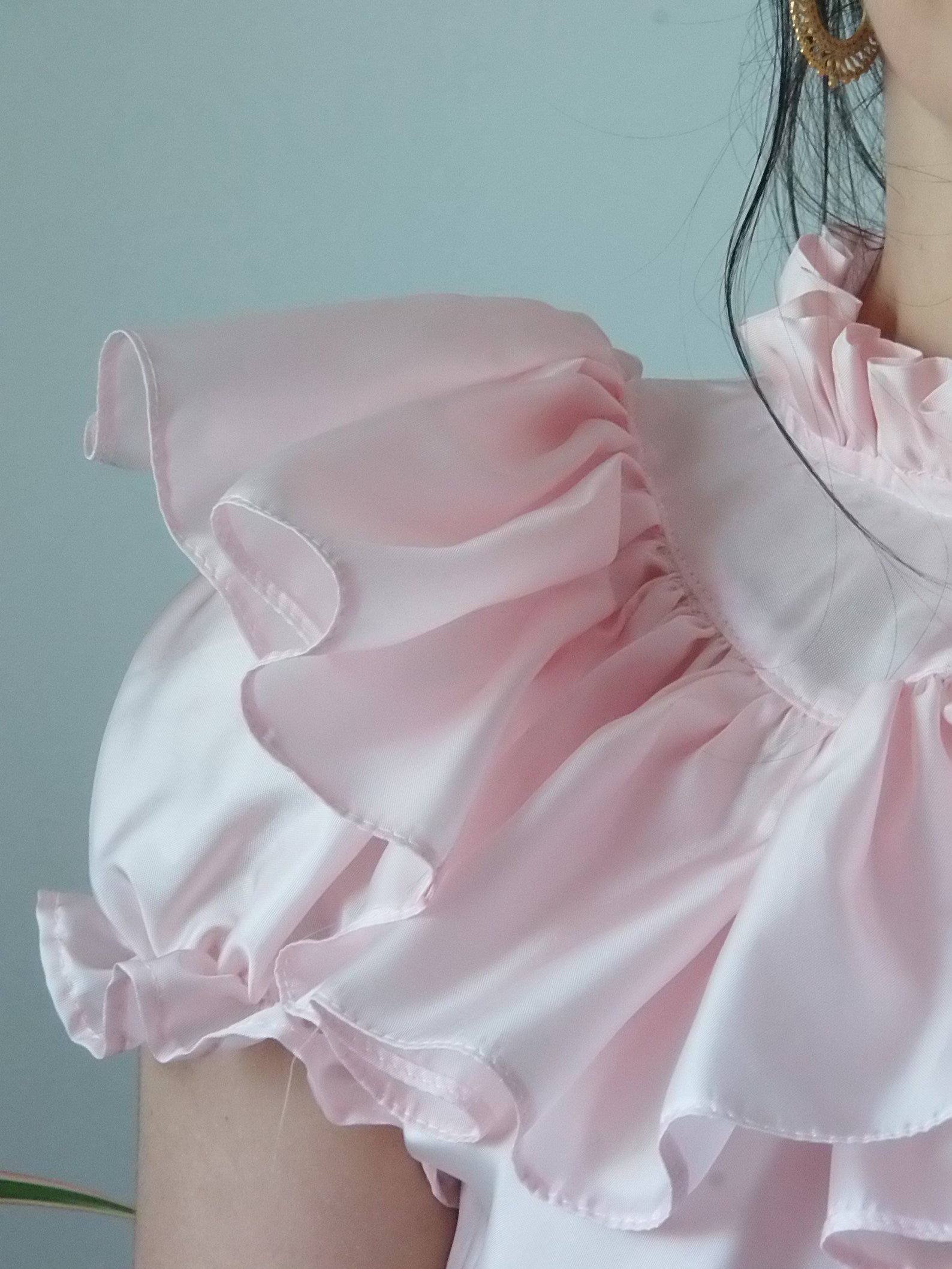 Handmade Pink Taffeta Ruffles Crop Top / Baby Pink Ruffle Puffed Sleeve ...