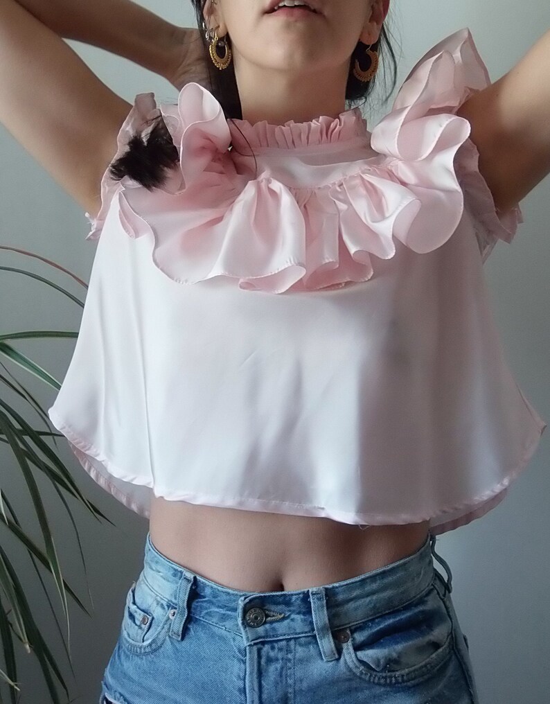 Handmade Pink Taffeta Ruffles Crop Top / Baby Pink Ruffle Puffed Sleeve ...