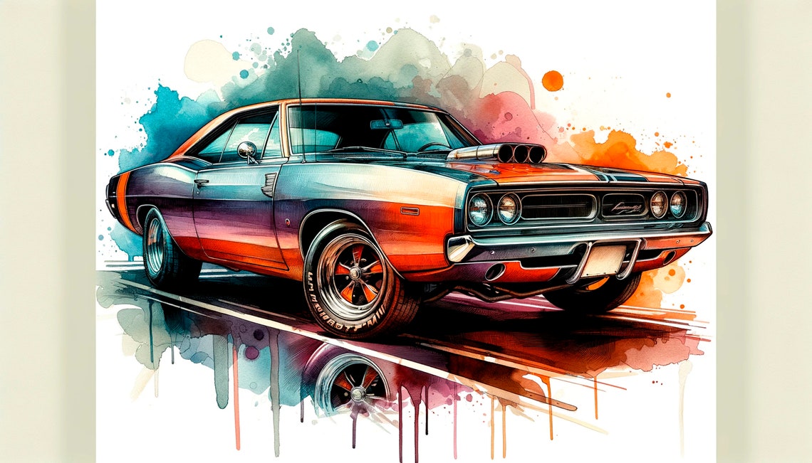 Watercolor Muscle Cars Art Print, 5 Hight Resolution Muscle Cars Art ...