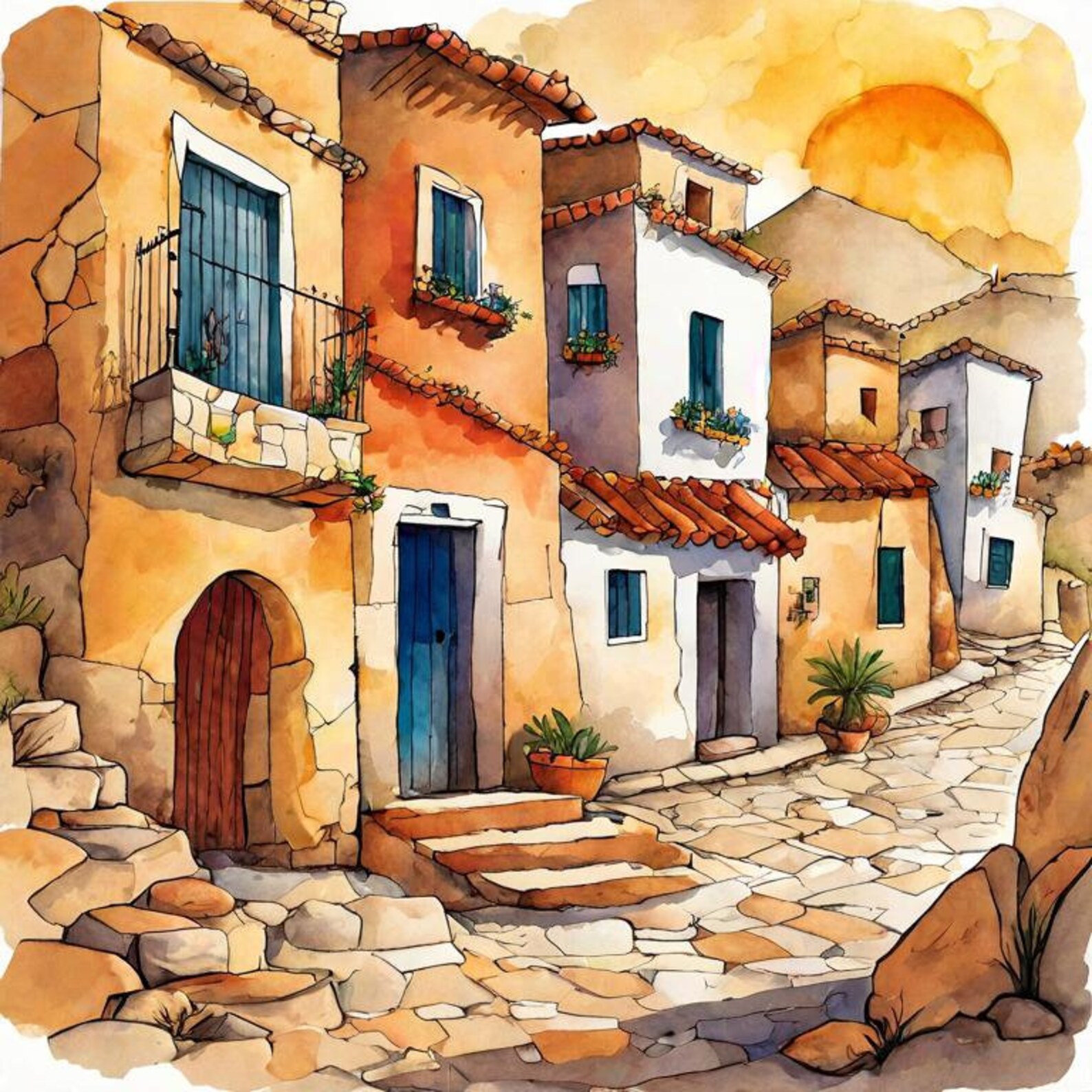 Watercolor Painting, Mediterranean Street of City, Home Decor, Wall Art ...