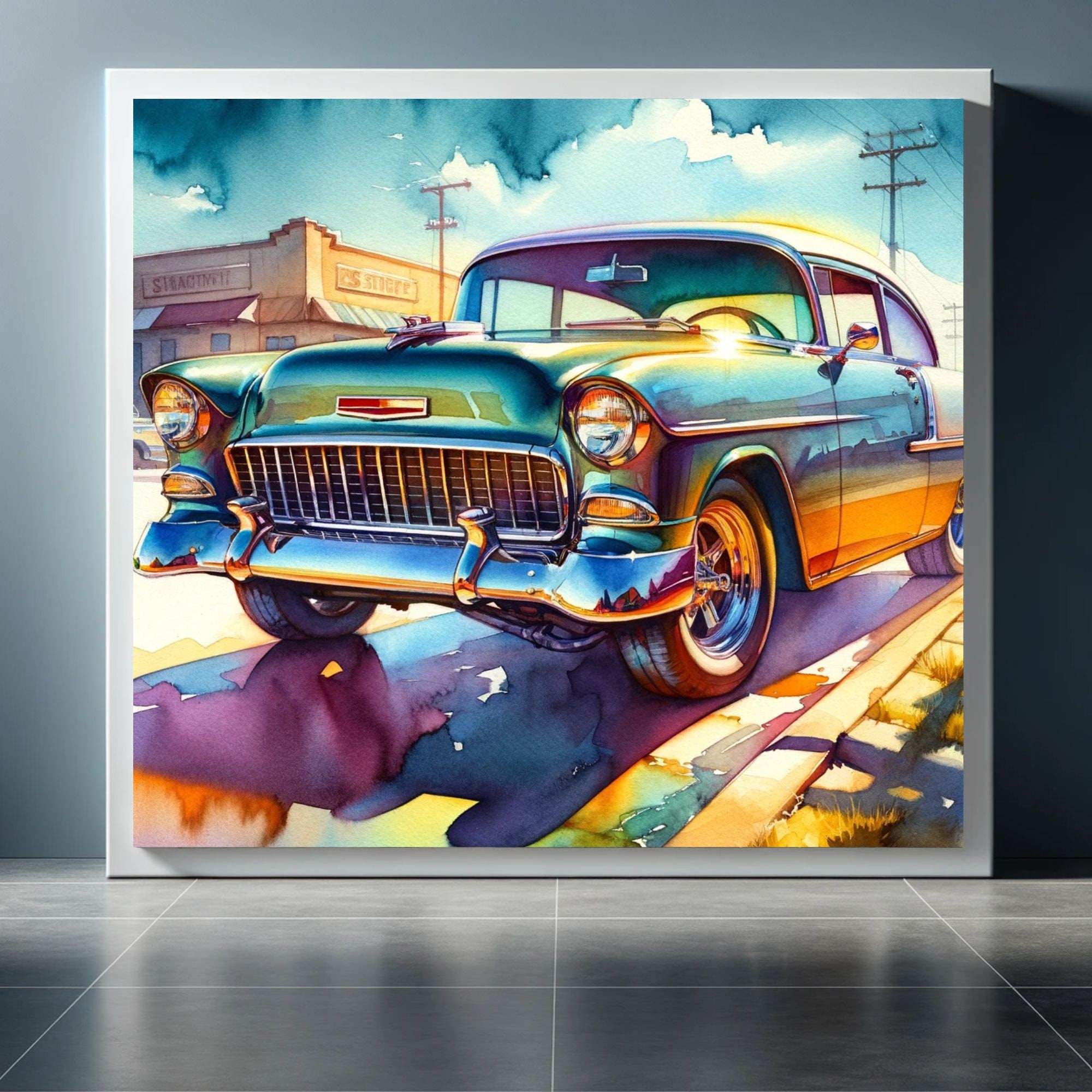 Vintage Chevy, Watercolor Painting, Digital Art, Street Scene ...
