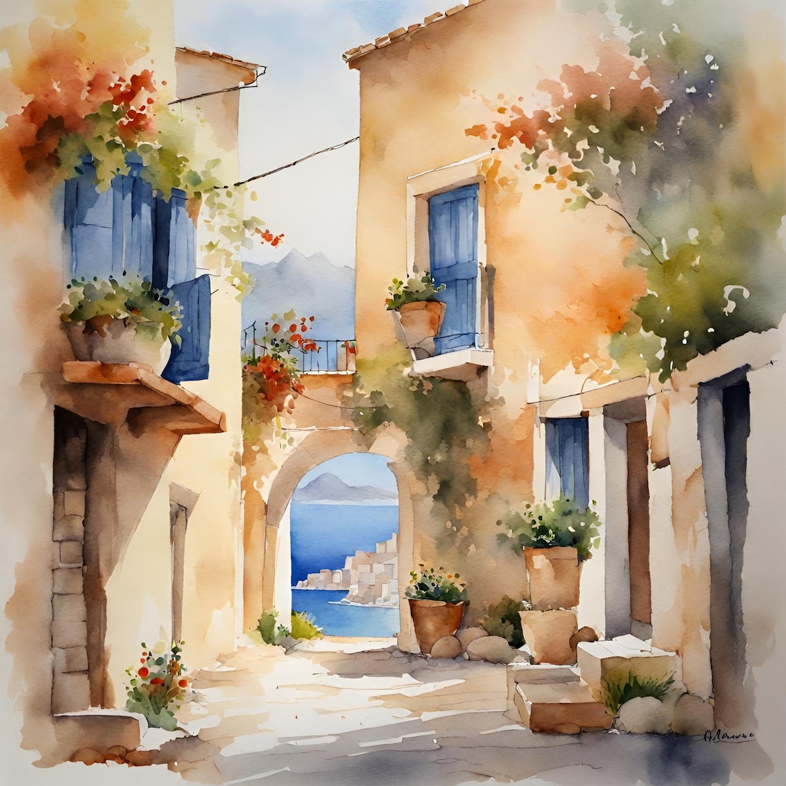 4 JPG Watercolor Painting, Mediterranean Street of City, Home Decor ...