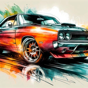 Watercolor Muscle Cars Art Print, 5 Hight Resolution Muscle Cars Art ...