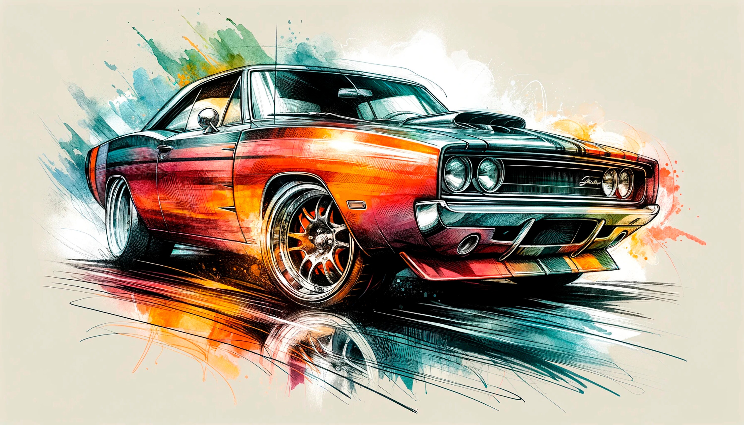 Watercolor Muscle Cars Art Print, 5 Hight Resolution Muscle Cars Art ...