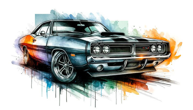 Watercolor Muscle Cars Art Print, 5 Hight Resolution Muscle Cars Art ...