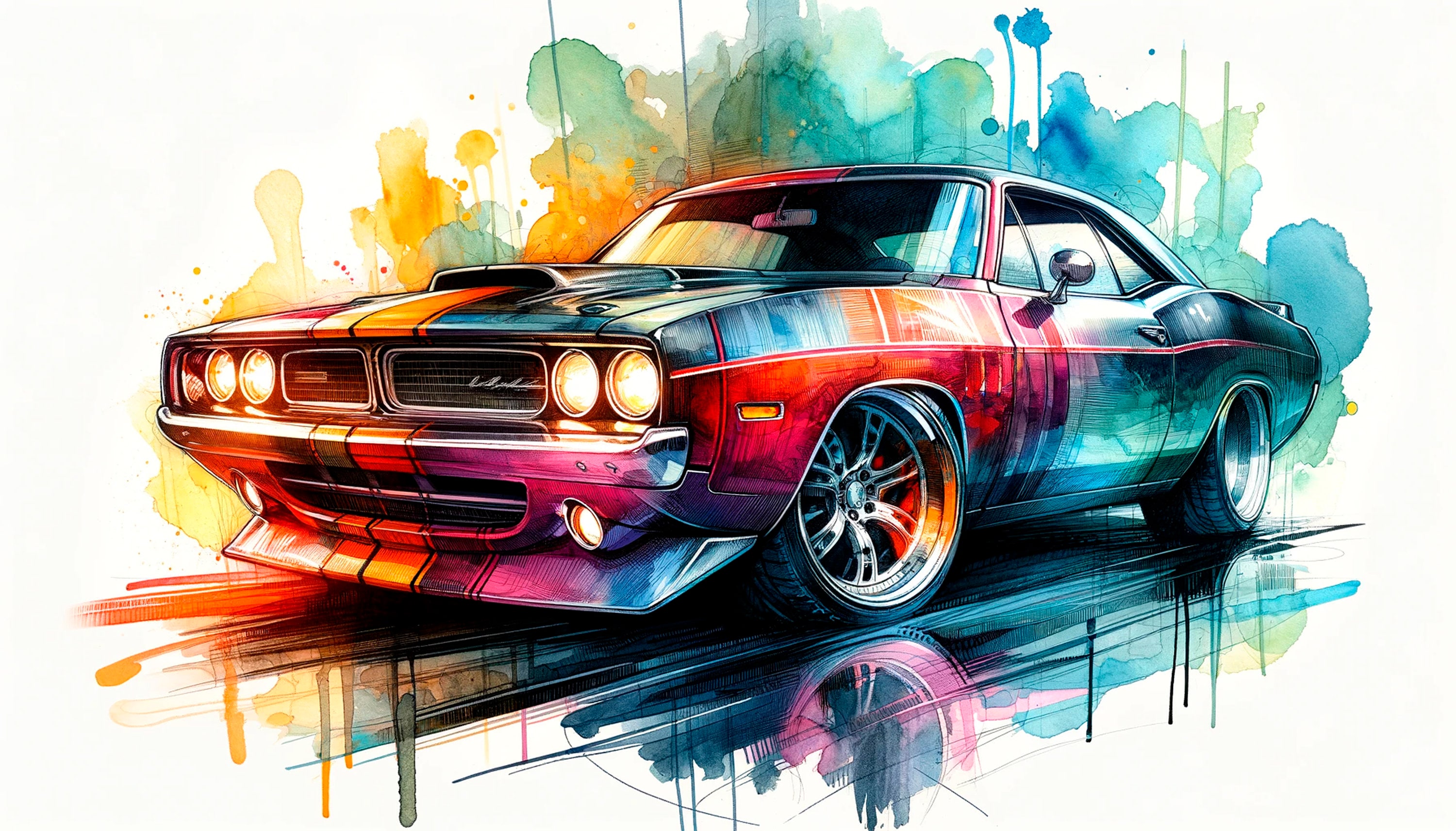 Watercolor Muscle Cars Art Print, 5 Hight Resolution Muscle Cars Art ...