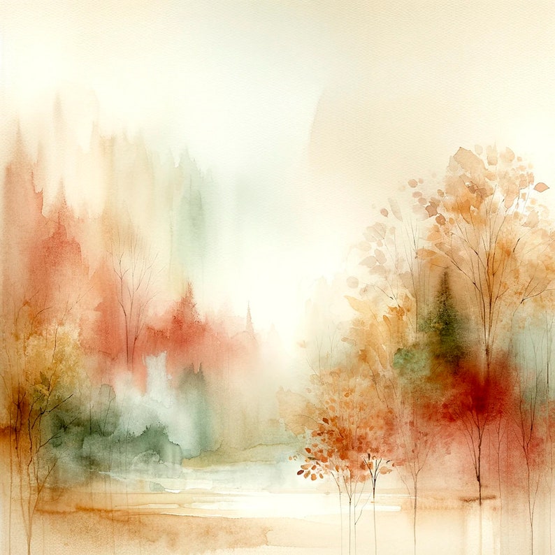 Watercolor Painting, Autumn, Brook, Floral Landscape, Home Decor, Wall ...