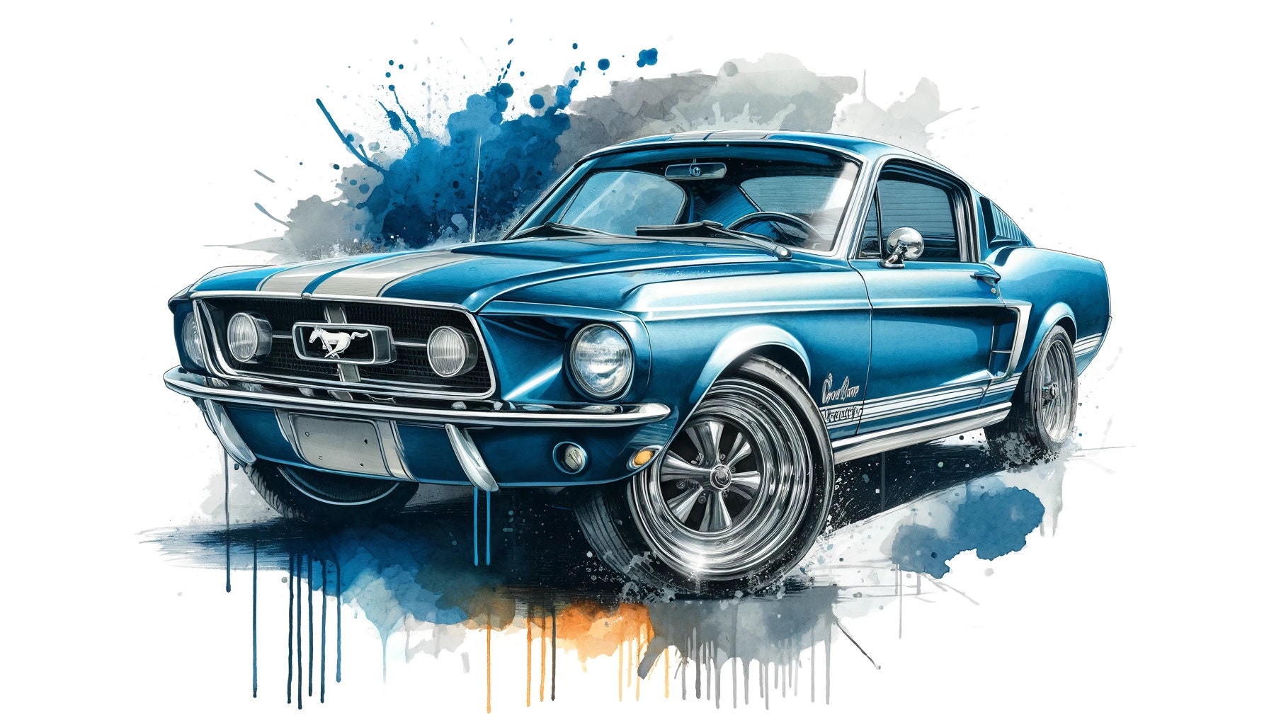 Vintage 1967 Ford Mustang Art Print - Blue Watercolor Splash Style - Etsy
