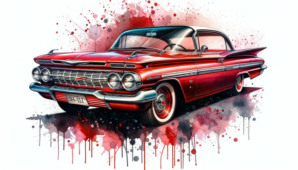 Vintage 1959 Chevrolet Impala Art Print - Cherry Red Watercolor Splash ...