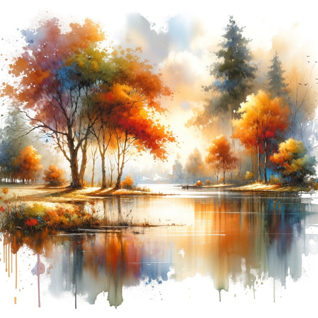 Watercolor Painting, Autumn Landscape, Brook, Floral Landscape ...