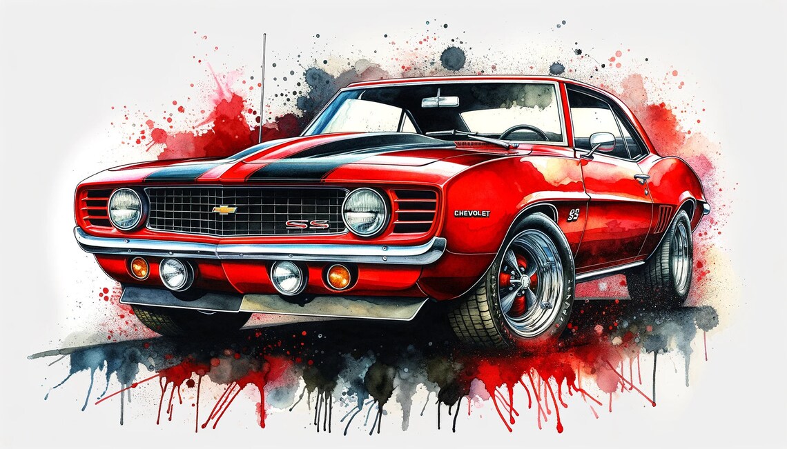 Vintage 1969 Chevrolet Camaro SS Art Print - Red Watercolor Splash ...