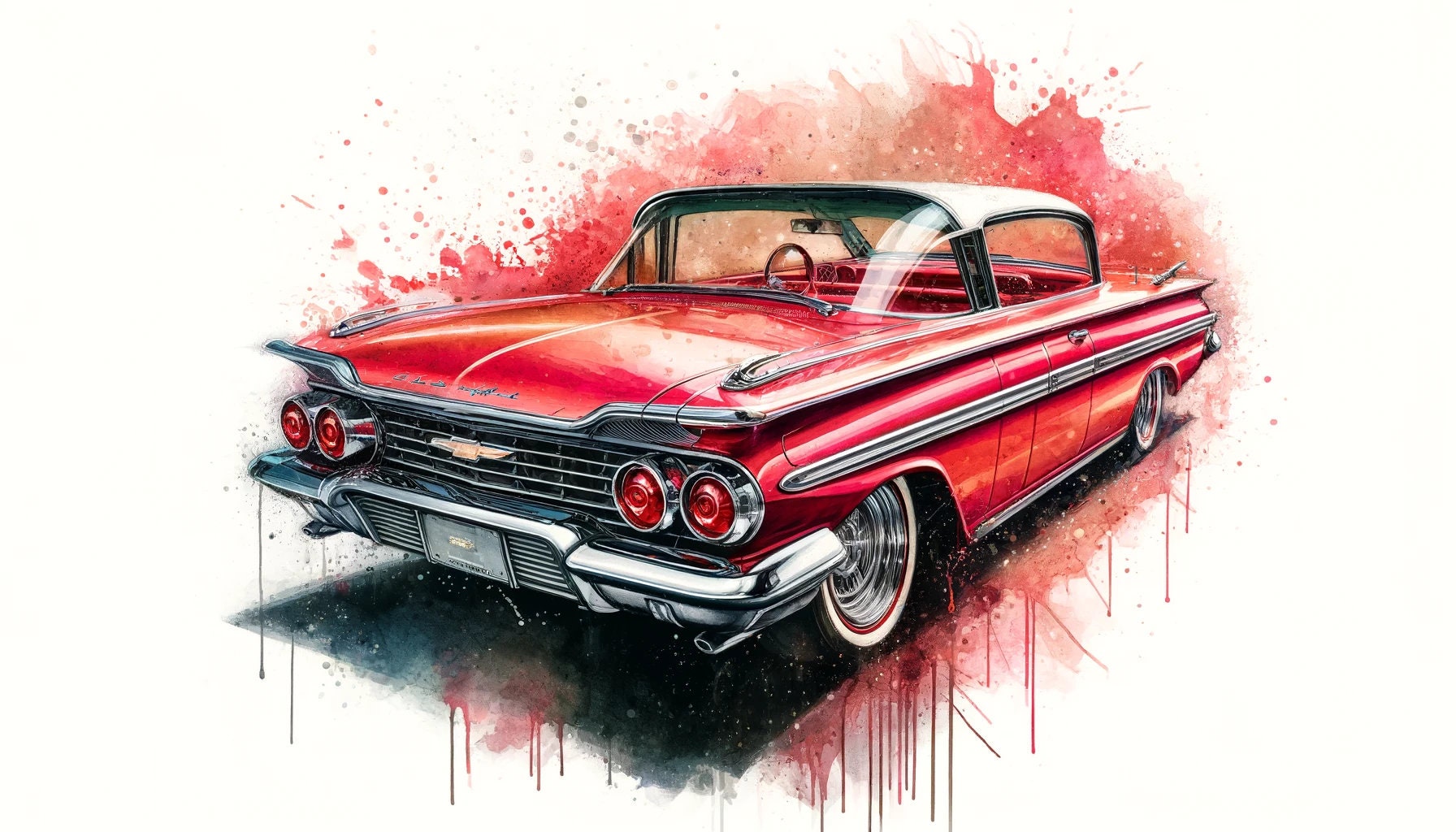 Vintage 1959 Chevrolet Impala Art Print Cherry Red Watercolor Splash ...