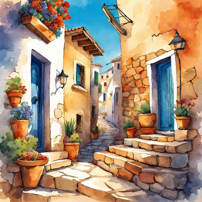 Watercolor Painting, Mediterranean Street of City, Home Decor, Wall Art ...