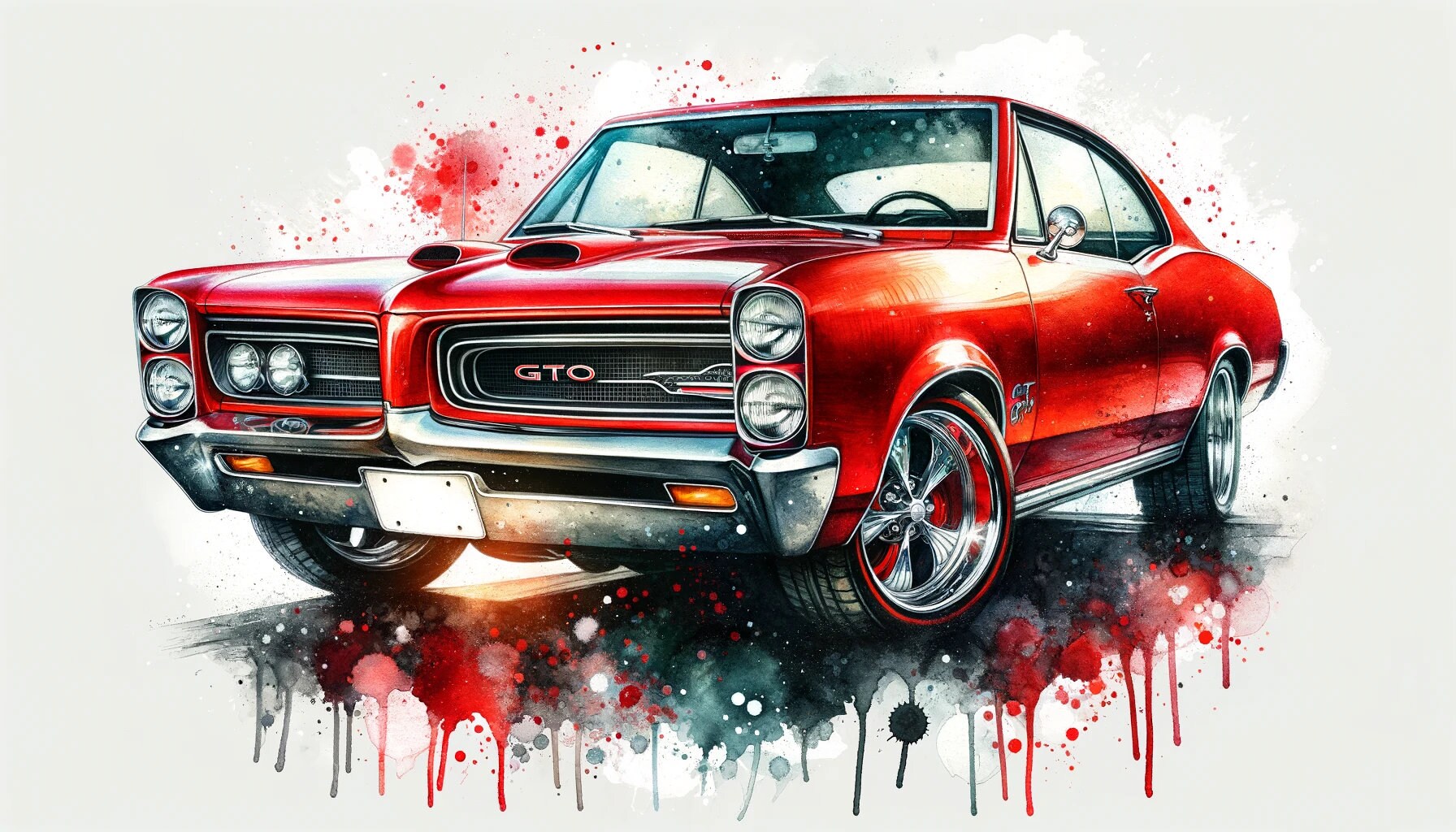 Vintage 1967 Pontiac GTO Art Print - Red Watercolor Splash Style - Etsy