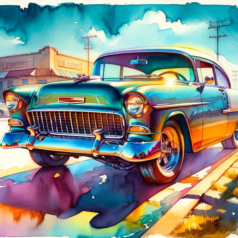 Vintage Chevy, Watercolor Painting, Digital Art, Street Scene ...