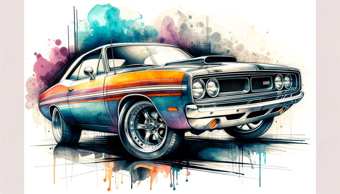 Watercolor Muscle Cars Art Print, 5 Hight Resolution Muscle Cars Art ...
