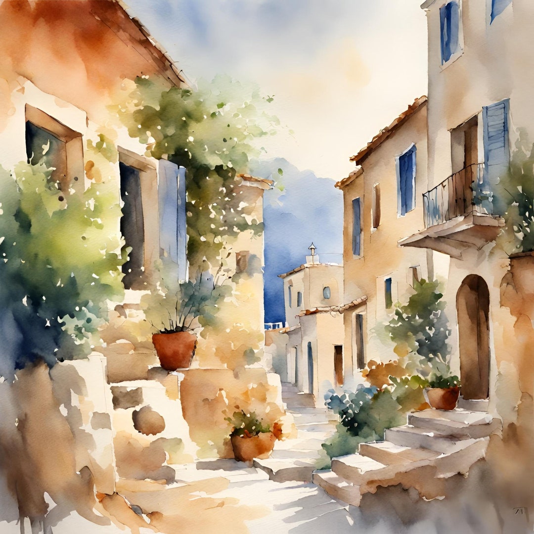4 JPG Watercolor Painting, Mediterranean Street of City, Home Decor ...
