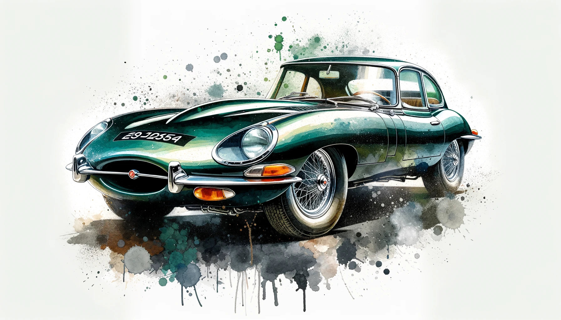 Vintage 1961 Jaguar E-type Art Print - Green Watercolor Splash Style - Etsy
