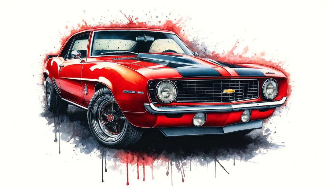 Vintage 1969 Chevrolet Camaro SS Art Print - Red Watercolor Splash ...