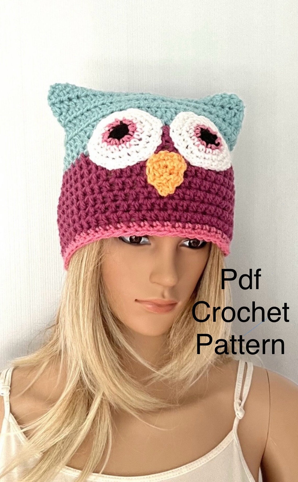Owl Hat Pattern, DIY Crochet Hat Pattern, Women Beanie Cat Ear Pattern ...