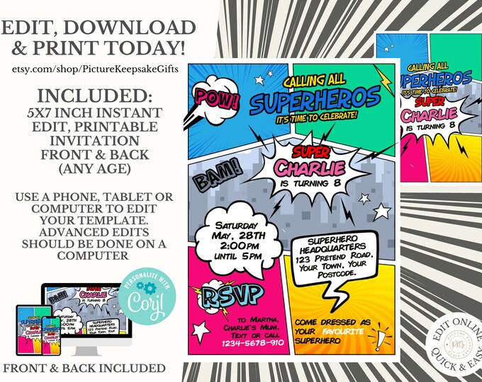 Superheroes Invitation, EDITABLE Superhero Birthday Invitations, Super ...