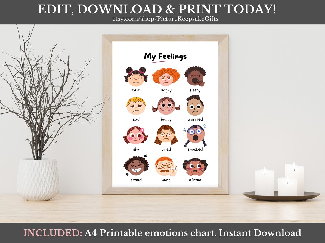 A4 Custom Visual Children's Emotion and Feelings Chart, Laminated ...