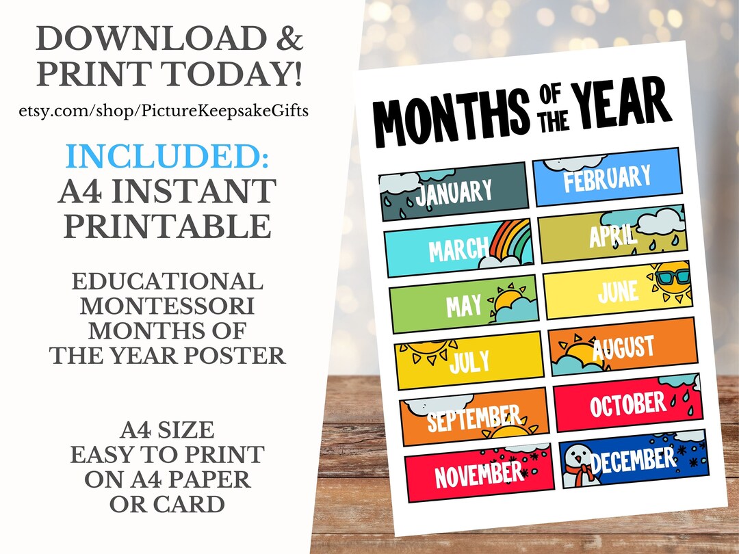 Months of the Year Printable Montessori Education Poster Seasons ...