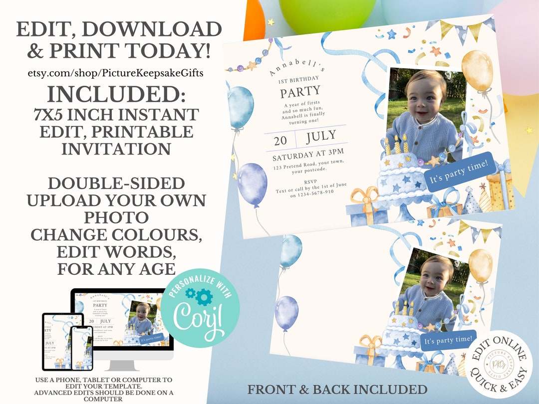 1st Birthday Boy Invitation, Balloons First Birthday Invite 1st ...