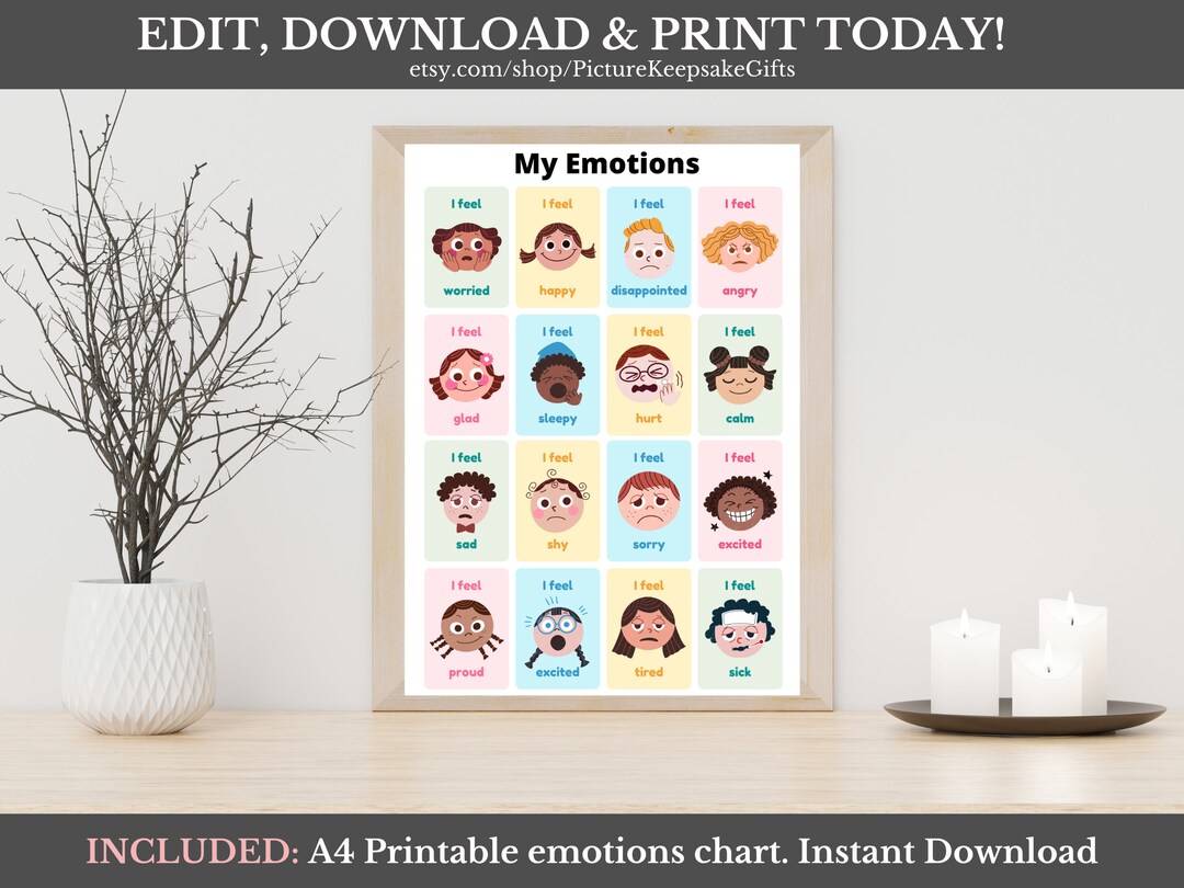 Rainbow Feelings Chart, Emotions Print, PRINTABLE Wall Art, Montessori ...