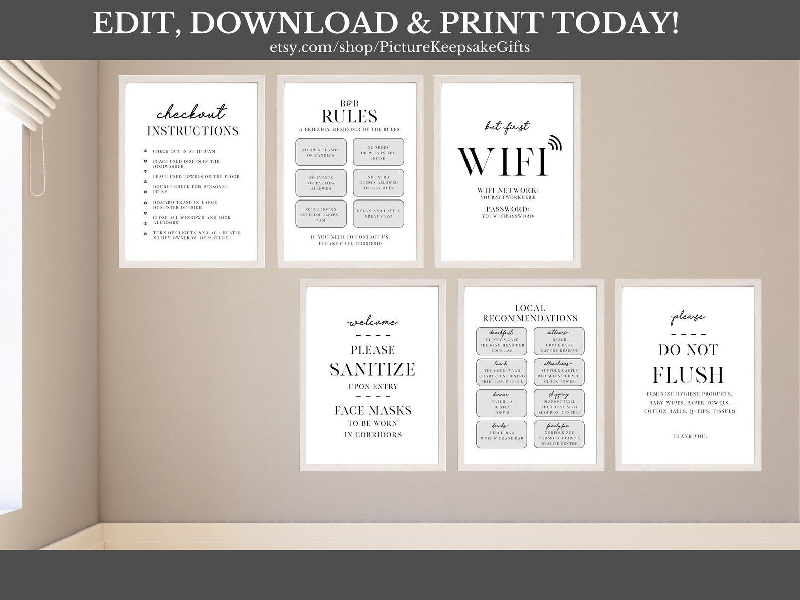 Fillable Minimalist Airbnb Printable Bundle Airbnb Wifi Sign | Etsy