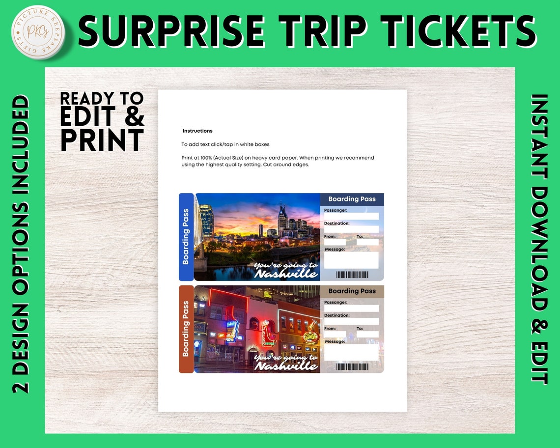 Printable NASHVILLE Surprise Gift Ticket NASHVILLE Printable | Etsy