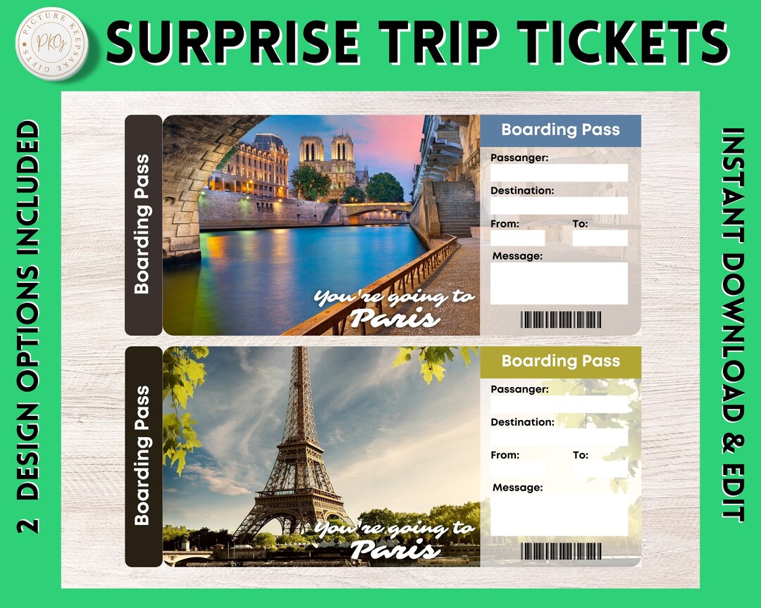 Printable PARIS Surprise Gift Ticket PARIS Printable Boarding Pass ...