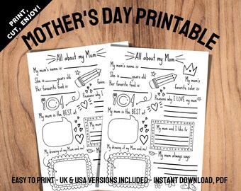 All About My Mom Mum Fill in the Blank Printable for Mother's Day 303 ...