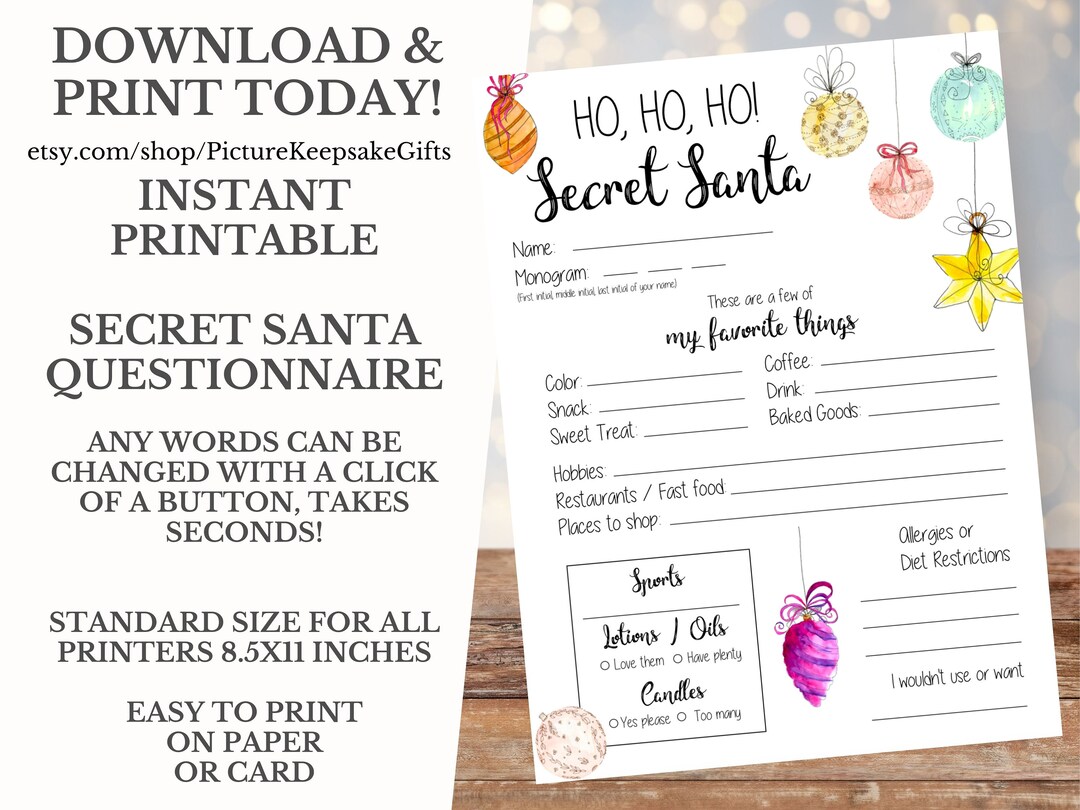 Secret Santa Questionnaire Gift Exchange Christmas - Etsy UK