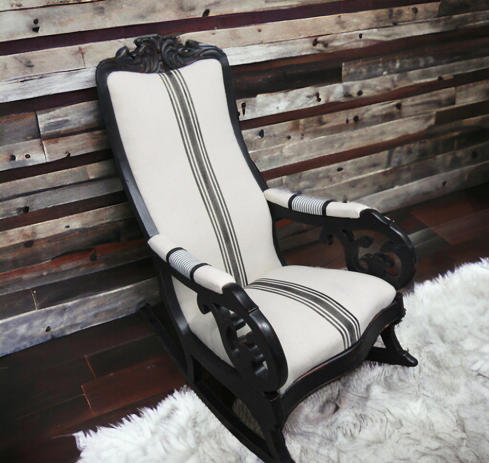 Upholstered Rocking Chair Vintage Wood Frame Black Painted and ...