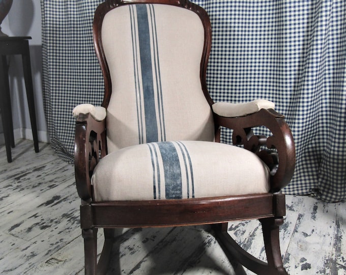 Vintage Oak Wood Gooseneck Upholstered Rocking Chair With Offset Navy ...