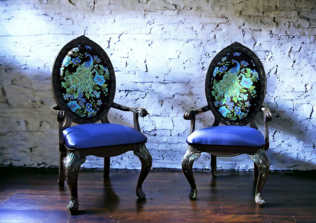 Peacock Chairs Matched Set of Peacock Blue Satin Seats - Etsy