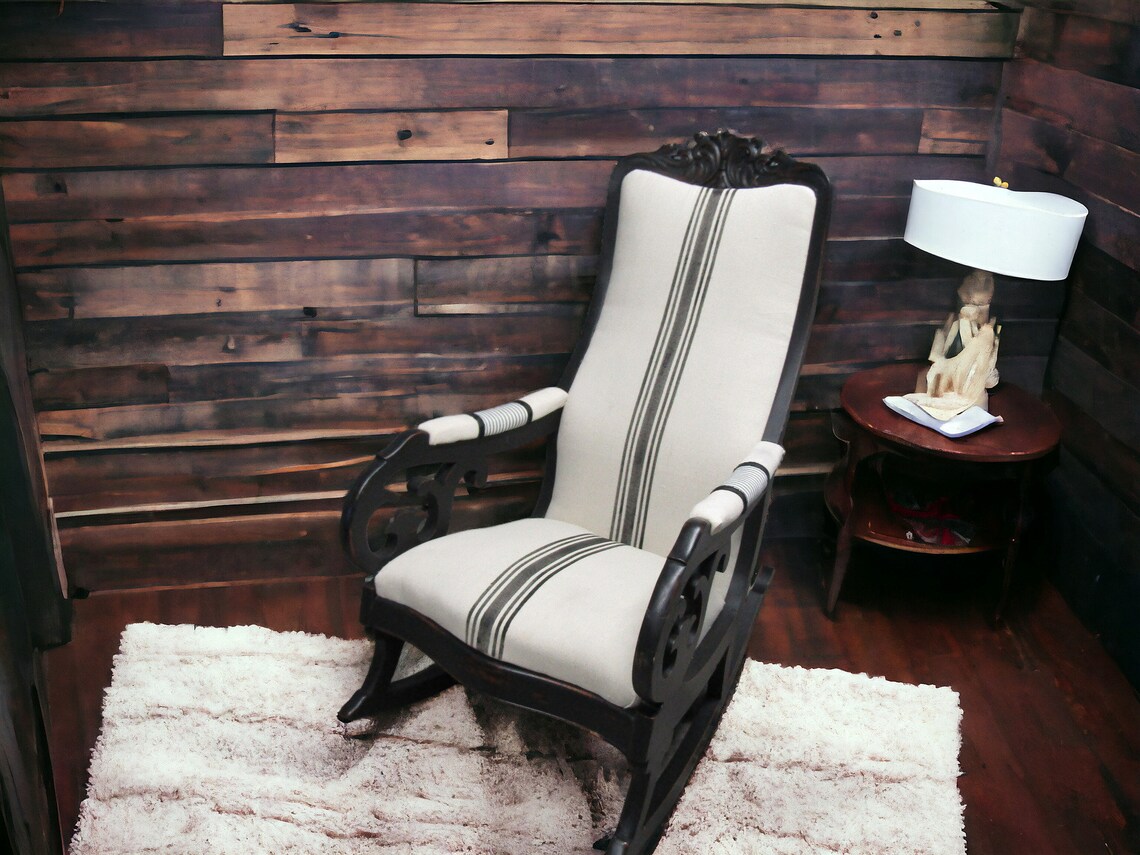 Upholstered Rocking Chair Vintage Wood Frame Black Painted and ...