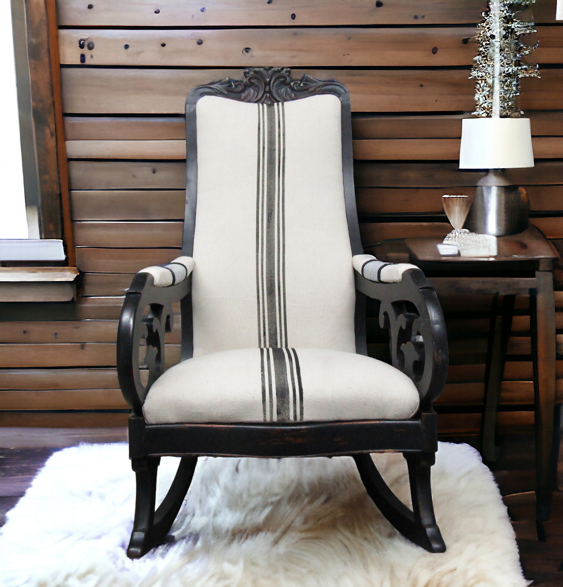 Upholstered Rocking Chair Vintage Wood Frame Black Painted and ...