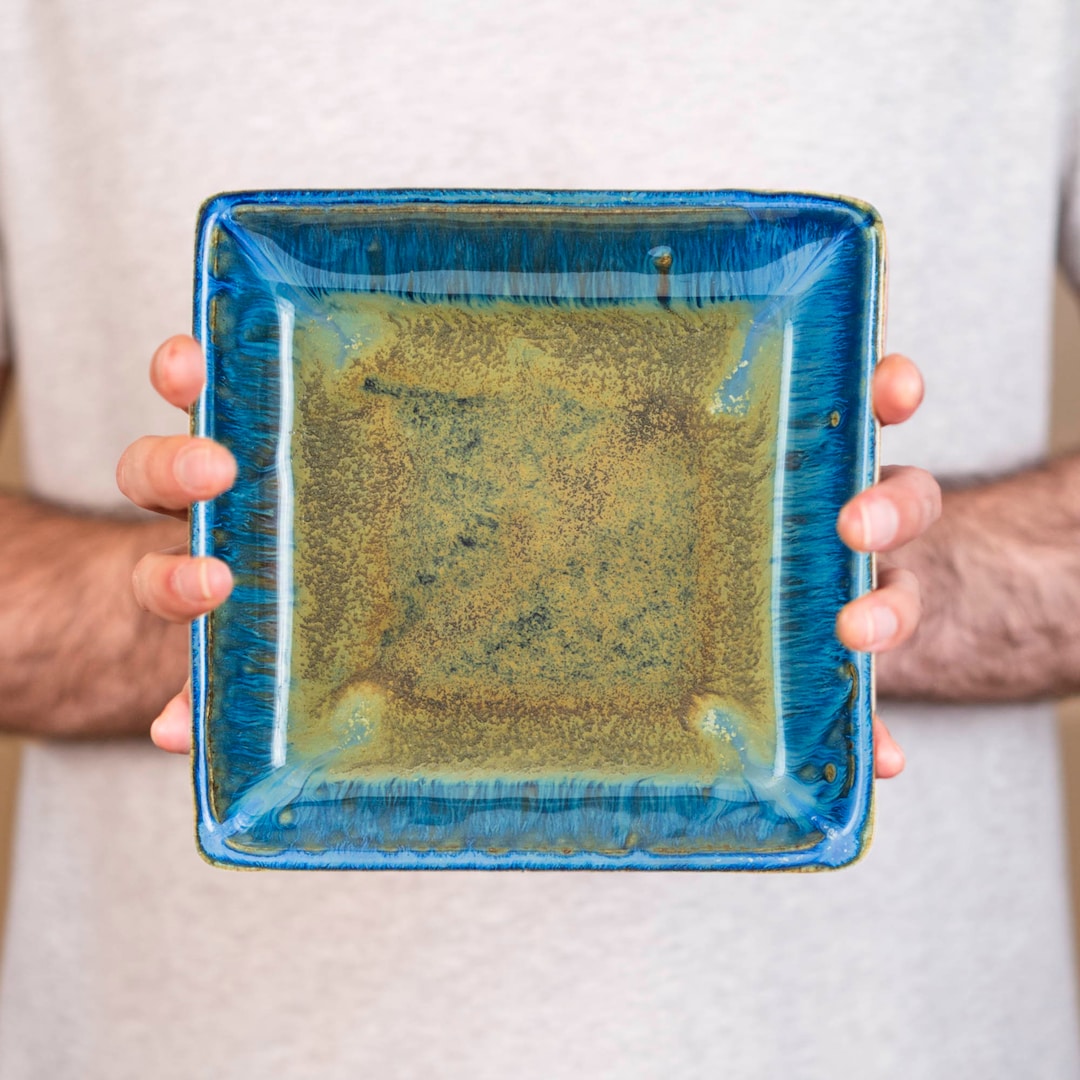 7" Blue Ceramic Square Plate, Handmade Pottery Dinnerware, New House ...