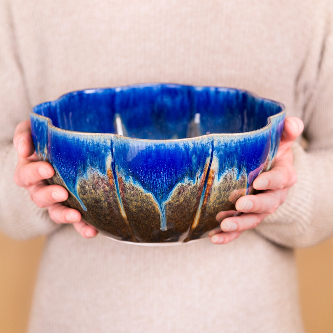 Blue Large Stoneware Bowl, Flower Shaped Bowl, Great as a Large Serving ...