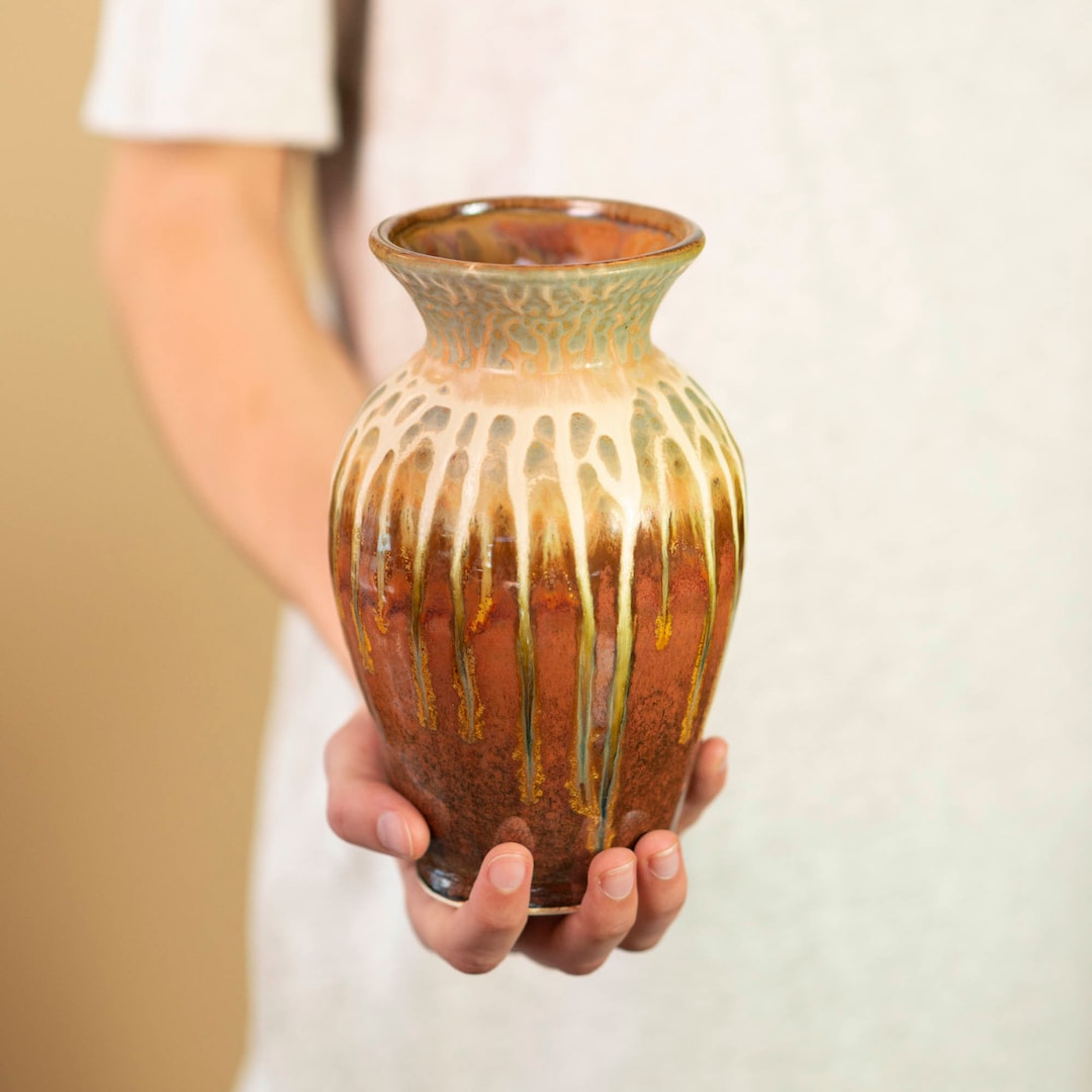Studio Pottery Vase, Modern Ceramic Vase in Brown & Yellow, Drip Glaze ...