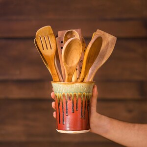 Straight Large Ceramic Vase / Utensil Holder in Rustic Red & Green ...