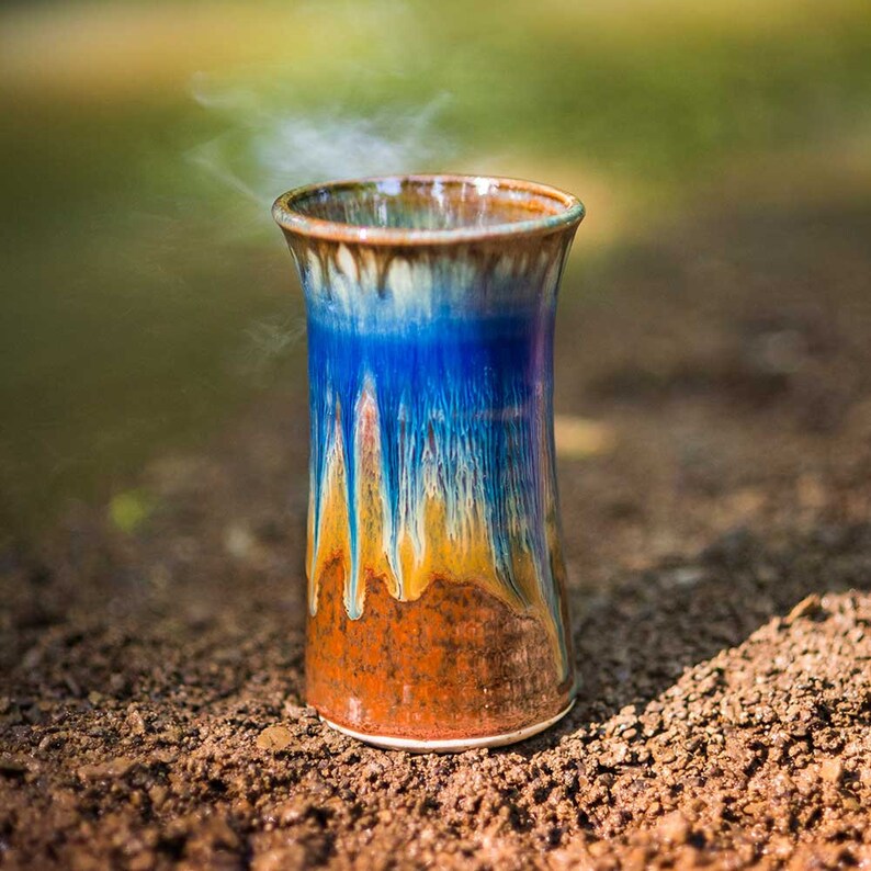 Pottery Tumbler, Tall Ceramic Cup, Brown & Blue Ceramic Tumbler, Drip ...