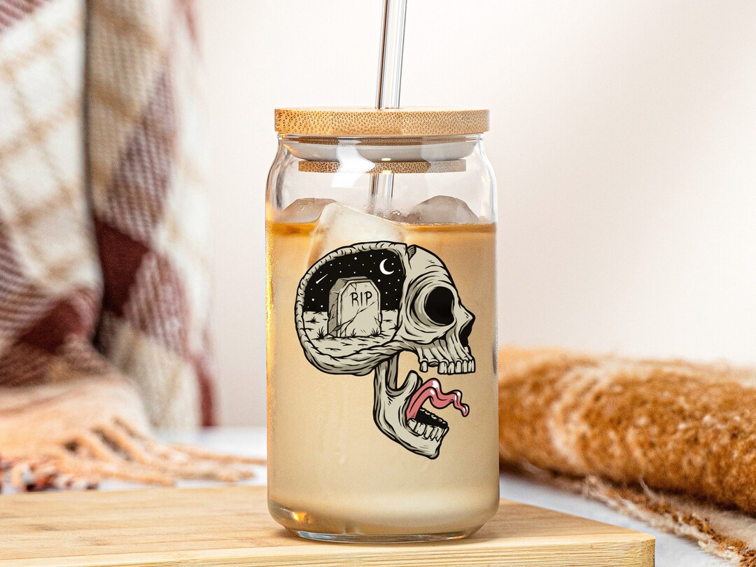 Flash Tattoo Coffin RIP Skull Iced Coffee Glass, Gothic Gift, Drinkware ...
