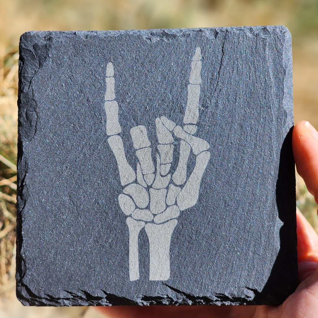 Skeleton Hand Rock on Slate Coaster, Metalhead Gift, Engraved Slate ...
