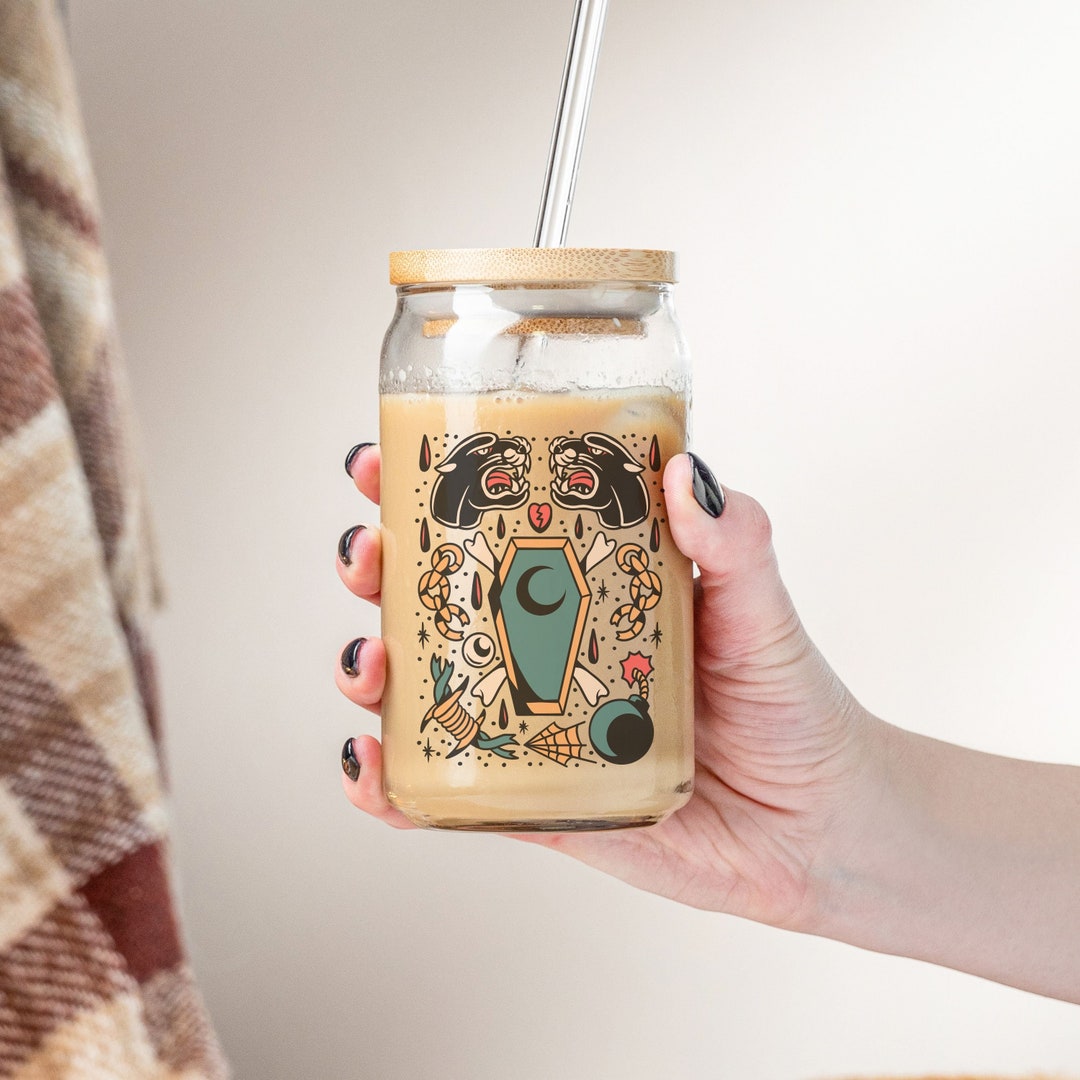 Coffin Panther Spiderweb Cobweb Flash Tattoo Iced Coffee Glass Can ...